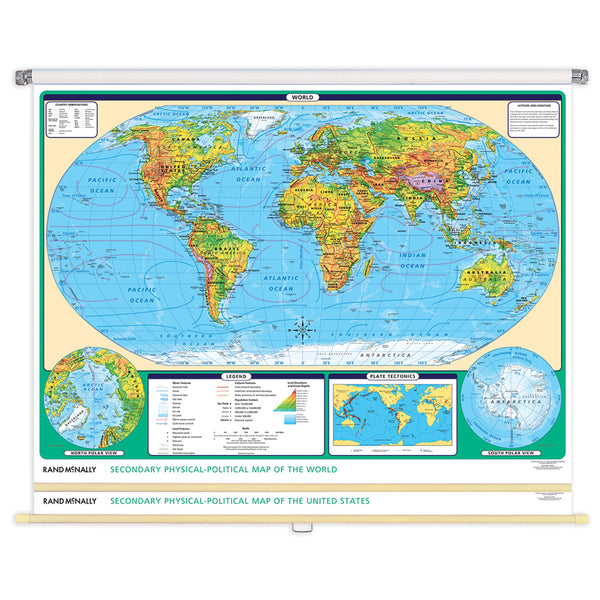 Pull Down Wall Maps - Secondary Physical-Political World & US 2 Map Se ...